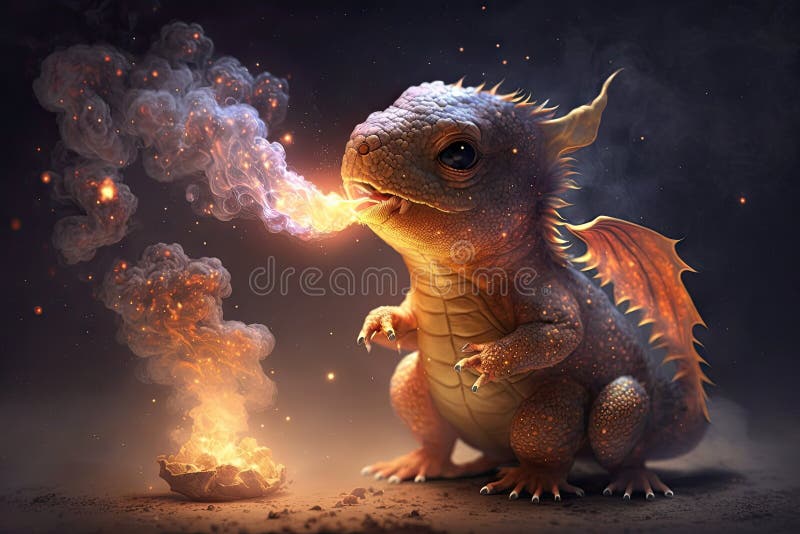Dramatic Smoke and Fire Effect Around Cute Little Dragon Stock Photo ...