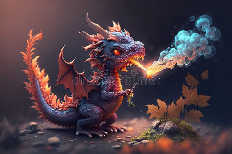 Dramatic Smoke and Fire Effect Around Cute Little Dragon Stock Image ...