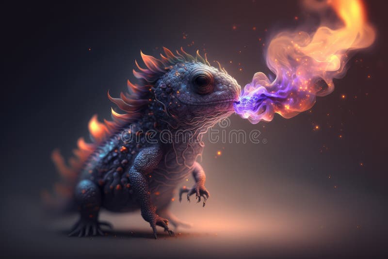 Dramatic Smoke and Fire Effect Around Cute Little Dragon Stock Photo ...