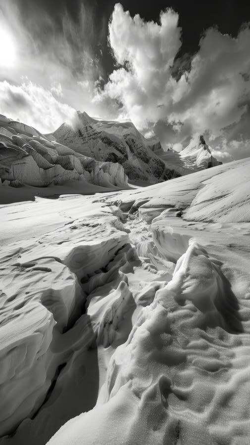 Dramatic Snow-covered Mountain Landscape in Black and White Stock Photo ...