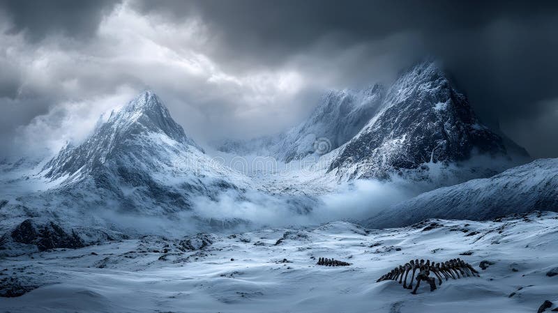 Dramatic Snow-covered Mountains Under Stormy Skies with Animal Skeleton ...
