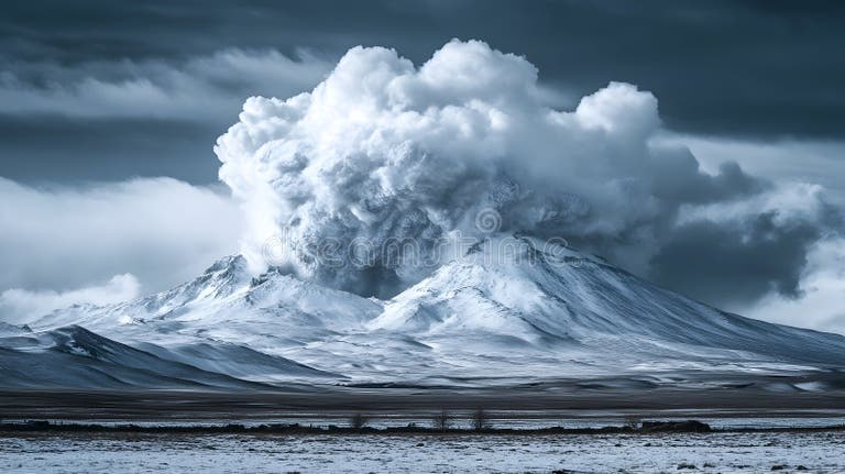 Dramatic Snow-covered Volcano Eruption Under Dark Cloudy Sky Stock ...