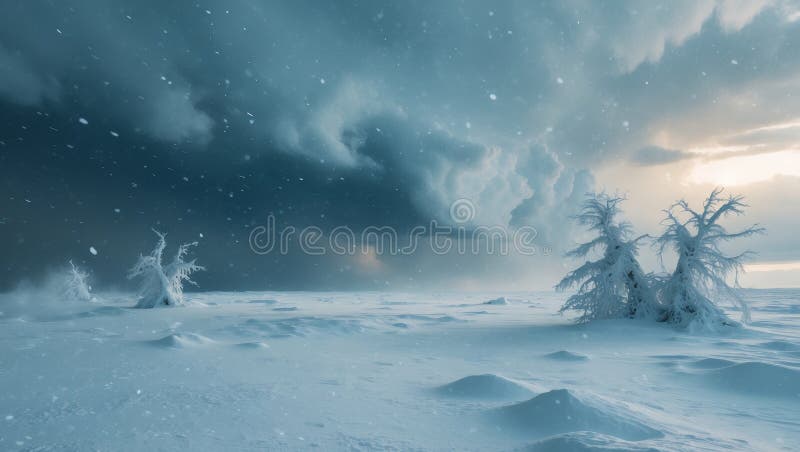 Dramatic Snowstorm in a Desolate Arctic Landscape with Dark Clouds ...