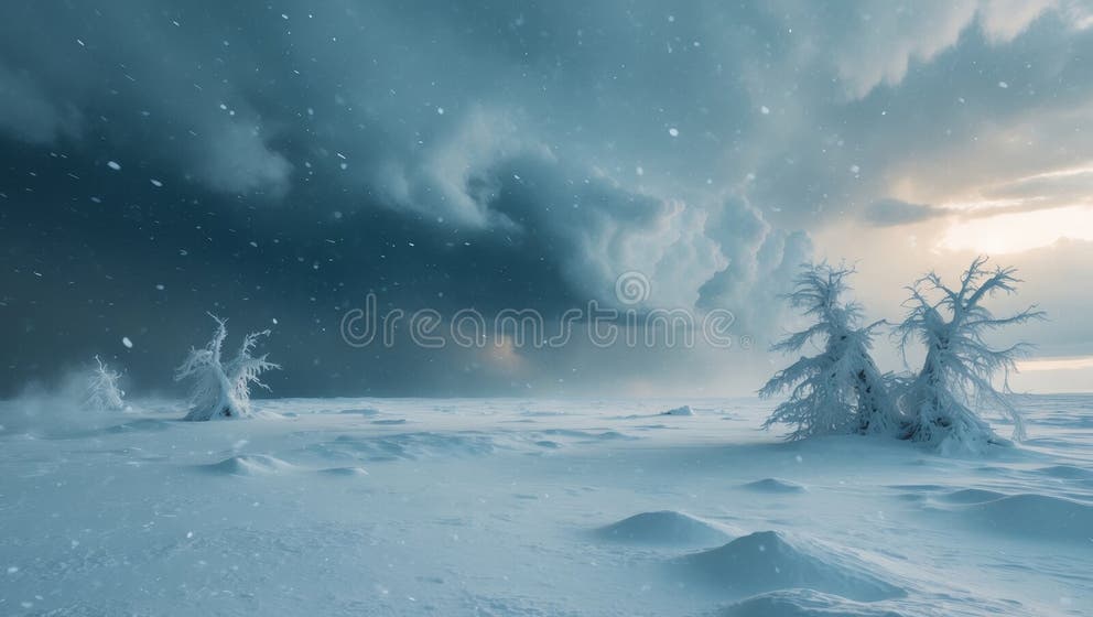 Dramatic Snowstorm in a Desolate Arctic Landscape with Dark Clouds ...