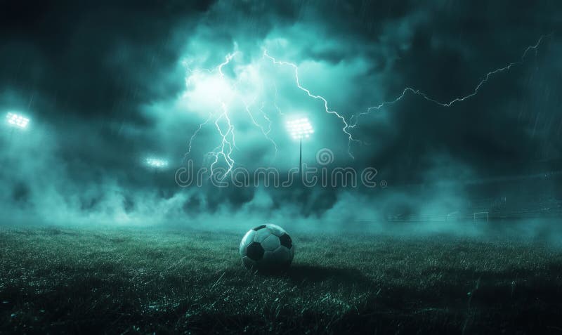 Dramatic Soccer Scene with Lightning and Rain Over Empty Field at Night ...