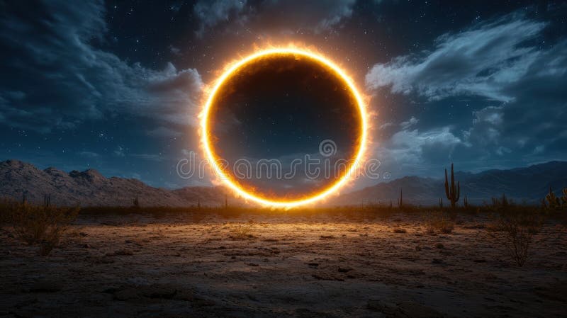 Dramatic Solar Eclipse in the Desert Landscape Stock Illustration ...