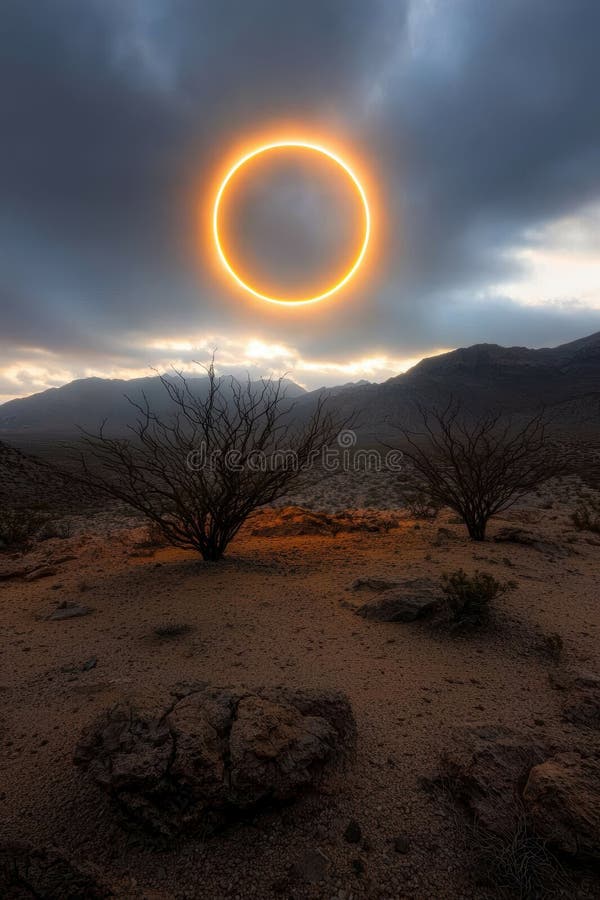 Dramatic Solar Eclipse in Desert Landscape Stock Illustration ...