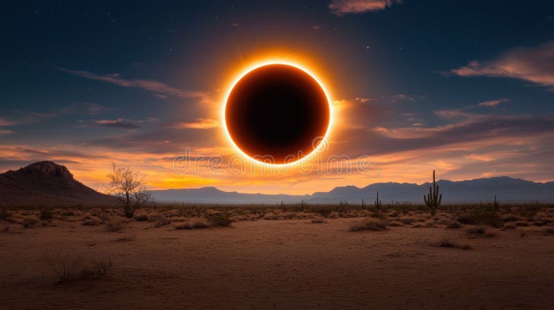 Dramatic Solar Eclipse Over Desert Landscape Stock Illustration - Illustration of rugged ...