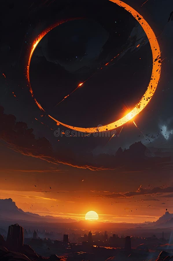 Dramatic Solar Eclipse Over a Silhouetted Cityscape at Sunset, Blending ...