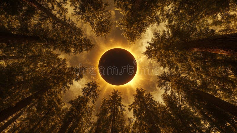 Solar Eclipse Seen from a Forest Clearing with Towering Trees Stock ...