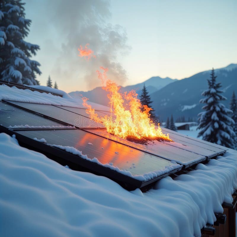 Dramatic Solar Panel Fire on a Snow-Covered Roof, Generative Ai Stock ...