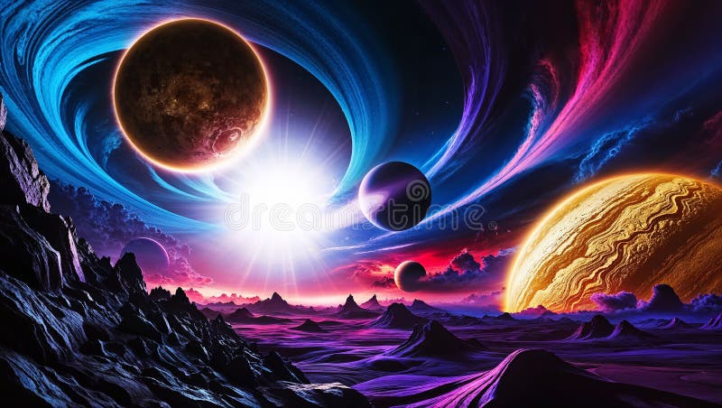 Dramatic Space Landscape with Swirling Planets and Bright Star Stock ...