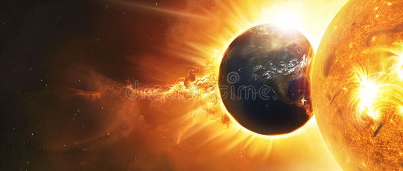 Solar Eclipse with Earth and Sun in Fiery Cosmic Alignment and Glowing ...
