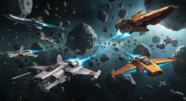 A Dramatic Space Scene Shows Multiple Futuristic Spacecraft Navigating ...
