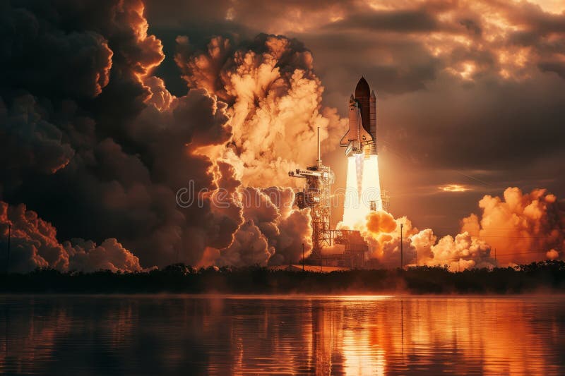 Dramatic Space Shuttle Launch at Sunset with Clouds. Stock Image ...