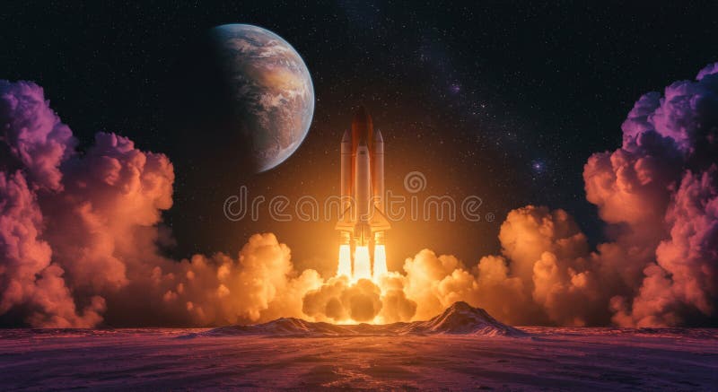 Space Shuttle Launching from Alien Planet with Earth in Background ...