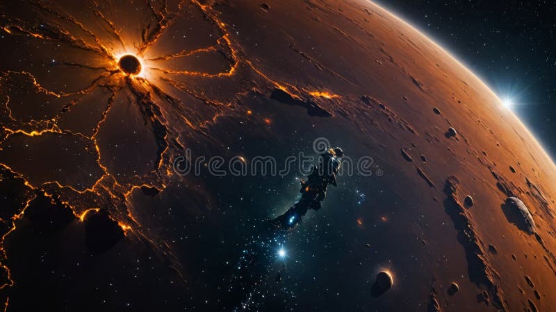 Dramatic Space View of a Planet with Glowing Volcanic Activity and ...