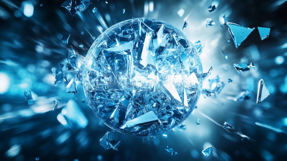 Dramatic Sphere Explosion with Shattered Glass Fragments in Blue and ...
