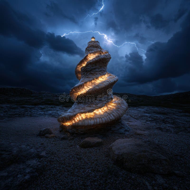 Dramatic Spiral Tower Illuminated by Lightning at Night. Stock Illustration - Illustration of ...