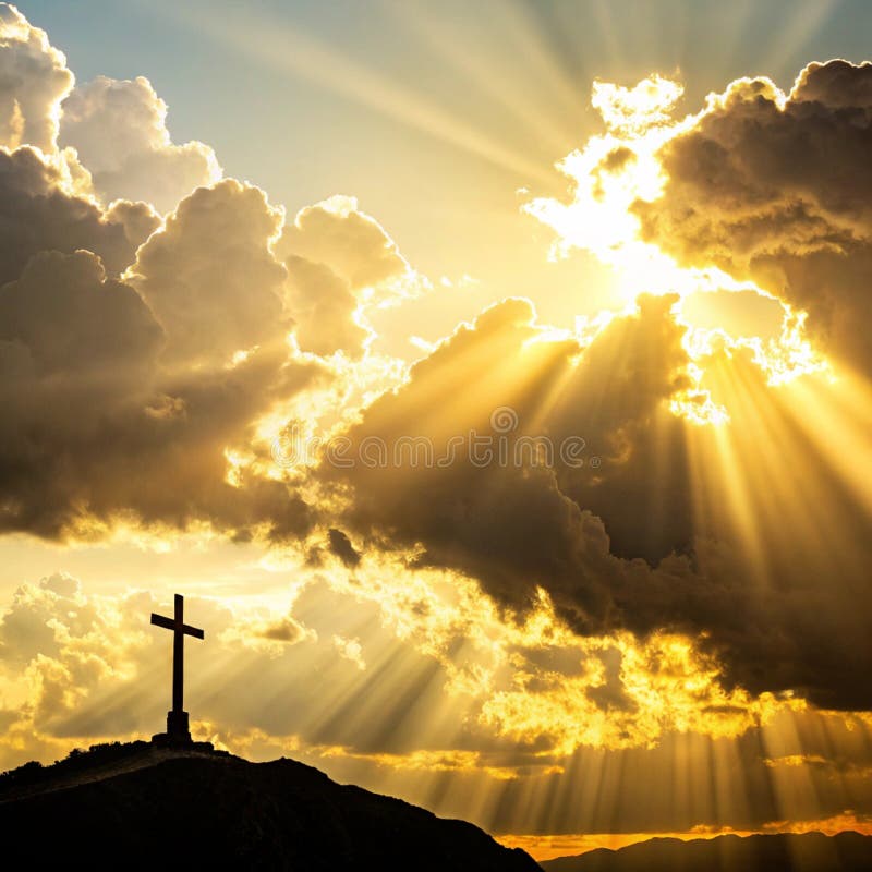 God Light. Dramatic Golden Cloudy Sky with Sun Beam Stock Illustration ...