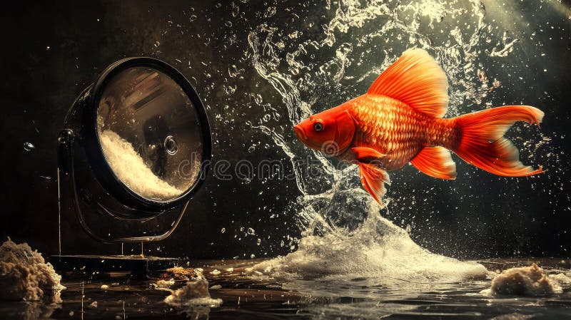 Dramatic Splash with Goldfish Jumping from Water Towards Spotlight ...