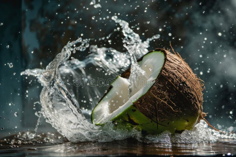 Dramatic Splash Surrounds a Fresh Coconut Split Open, Captured with ...