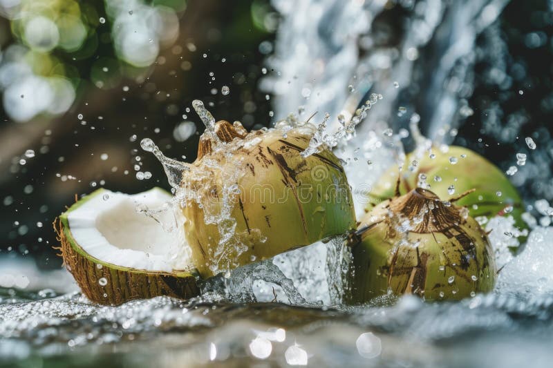 Dramatic Splash Surrounds a Fresh Coconut Split Open, Captured with ...