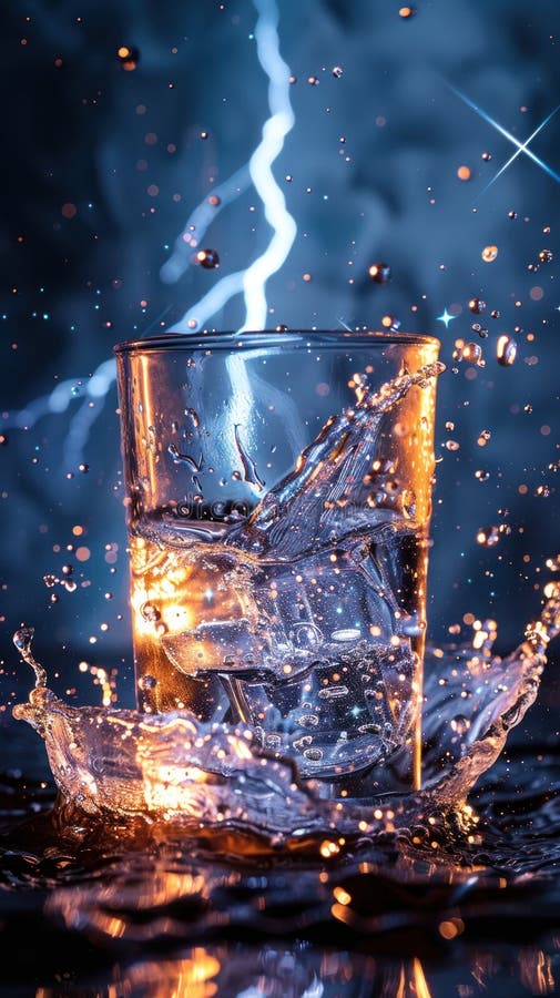 Dramatic Splash of Water in a Glass with Lightning in the Background ...