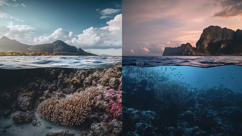 A Dramatic Split Image Showing a Healthy Coral Reef Juxtaposed with a ...