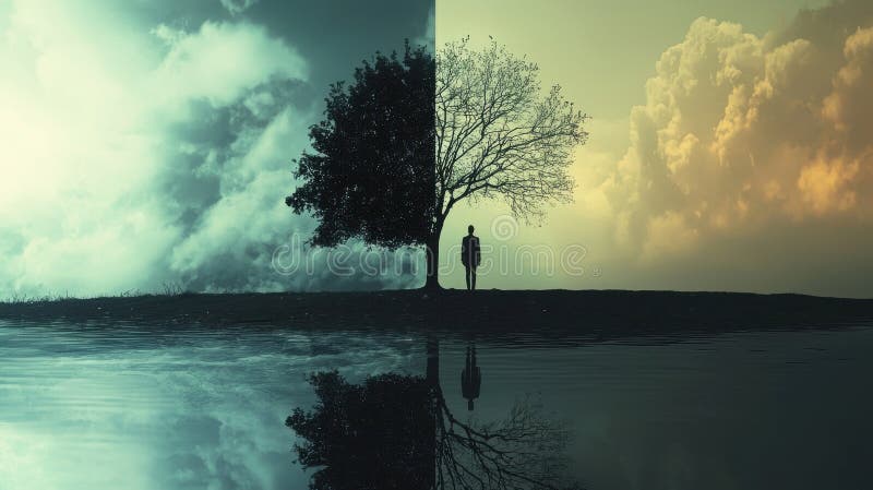 Dramatic Split Landscape with Human Figure Under a Leafless Tree Stock ...