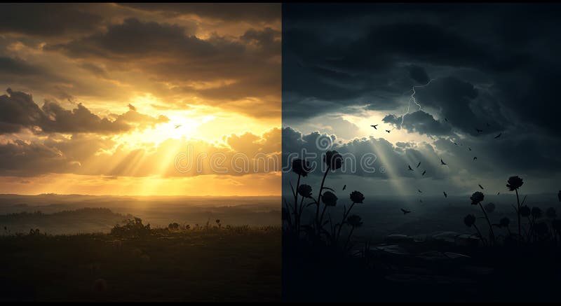 Dramatic Split Landscape Scene Showing a Vivid Contrast between Day and ...