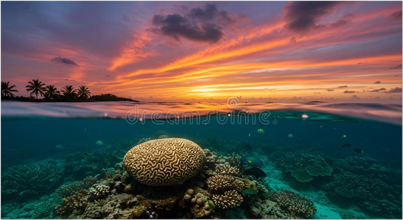 Dramatic Split Level Over Under Sunset on Coral Reef Pulau Raas Stock ...