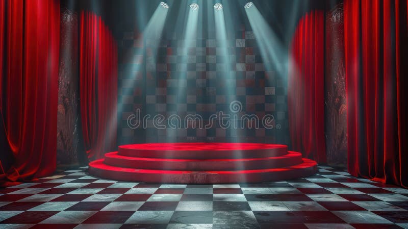 Dramatic Spotlight on Elegant Stage with Red Curtains and Checkered ...