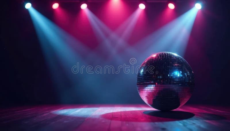 Dramatic Spotlight on Empty Stage, Shimmering Disco Ball Reflects Light ...