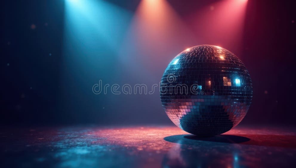 Dramatic Spotlight on Empty Stage, Shimmering Disco Ball Reflects Light ...
