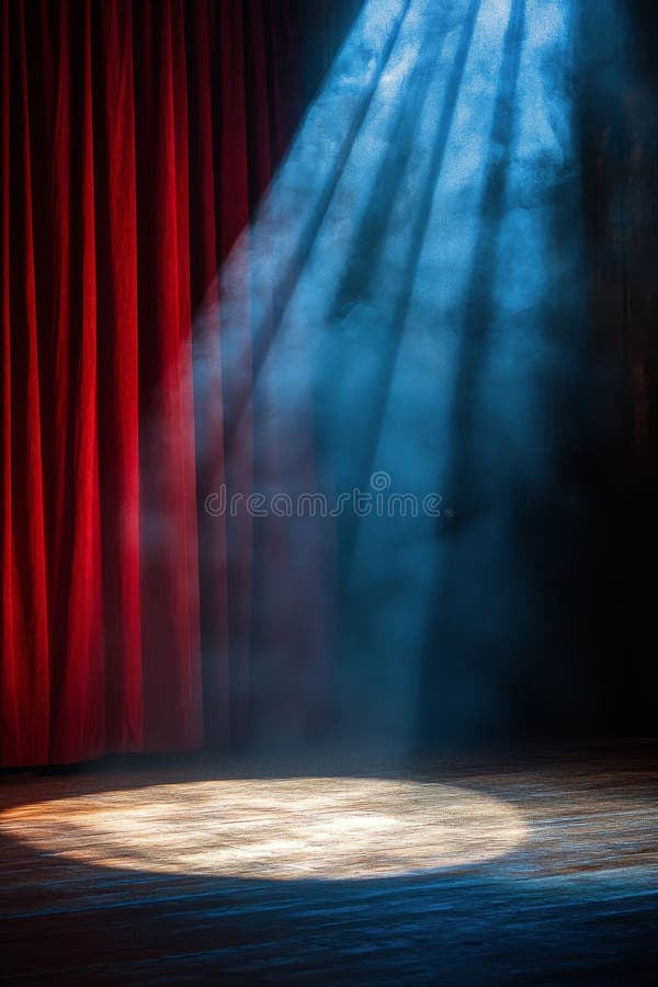 A Dramatic Spotlight Illuminates a Wooden Stage with Red Curtains in a ...