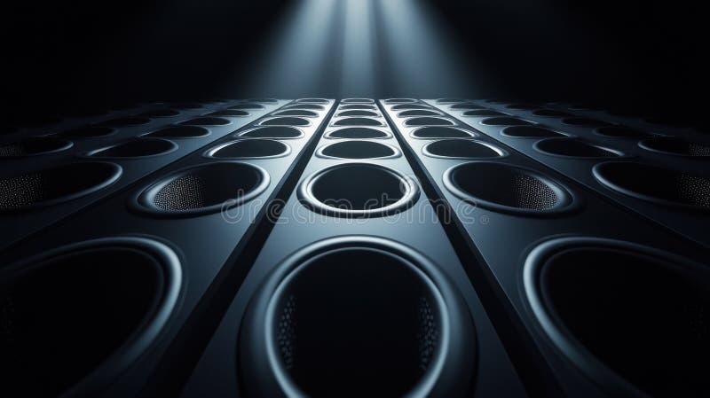 Dramatic Spotlight Over Rows of Sleek Black Speakers in a Dark Room ...