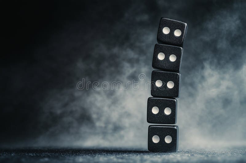 A Dramatic Stack of Black Dice with White Dots Balanced Vertically in a ...