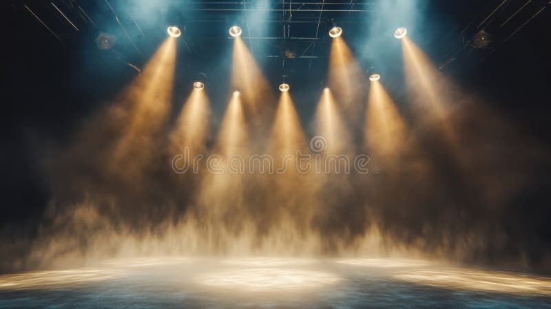 Dramatic Stage with Bright Spotlights and Mysterious Smoke Effects ...
