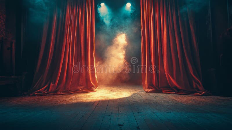 Dramatic Stage Curtains Part To Reveal an Atmospheric Performance Space with Soft Lighting Stock ...