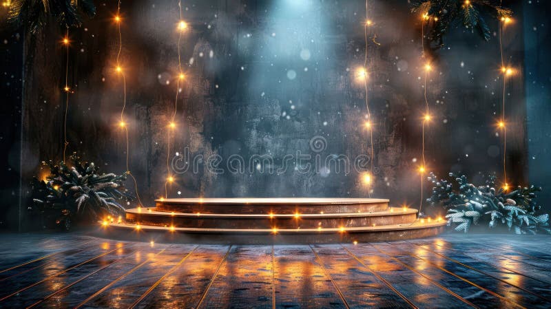 Dramatic Stage with Golden Lighting and Falling Snow Effects Stock ...