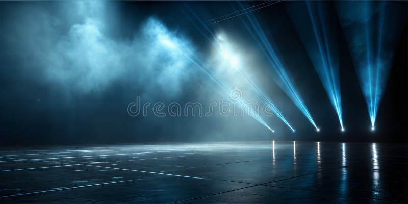 Dramatic Stage Lighting with Blue Beams and Fog Stock Illustration ...