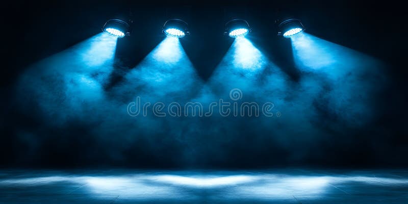 Dramatic Stage Lighting Four Blue Spotlights with Smoke Effect Empty ...