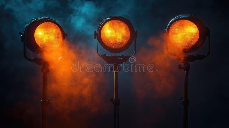 Dramatic Stage Lighting Scene with Three Orange Spotlights and Smoky ...
