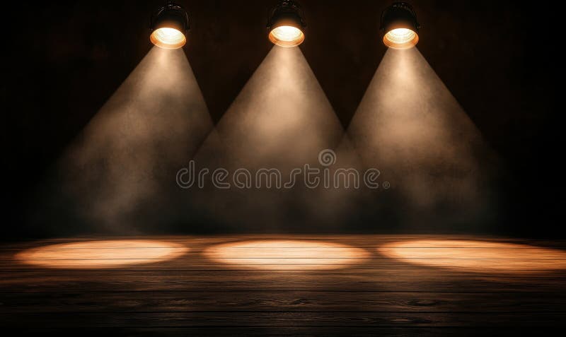 Dramatic Stage Lighting with Three Spotlights Illuminating Wooden Floor ...