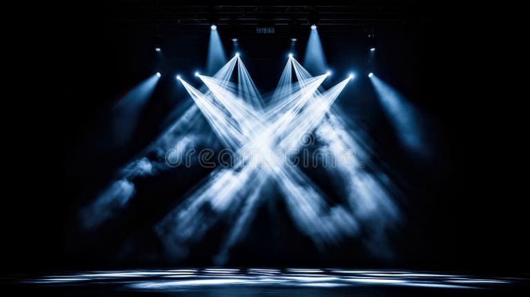 Dramatic Stage Lights in Dark Theater Setting with Blue Smoke Effects ...