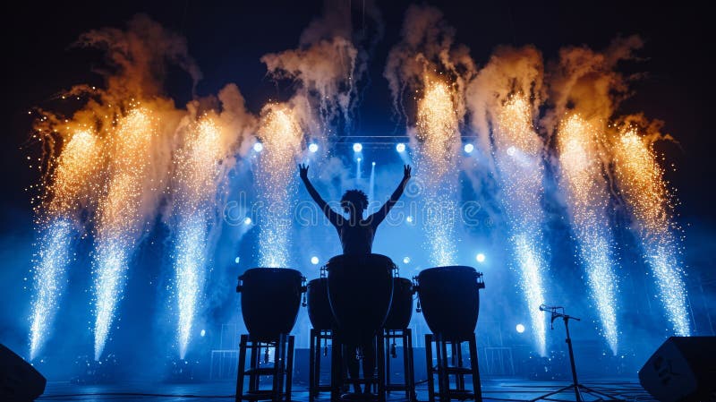 Dramatic Stage Performance Featuring a Drummer Silhouetted Against a ...