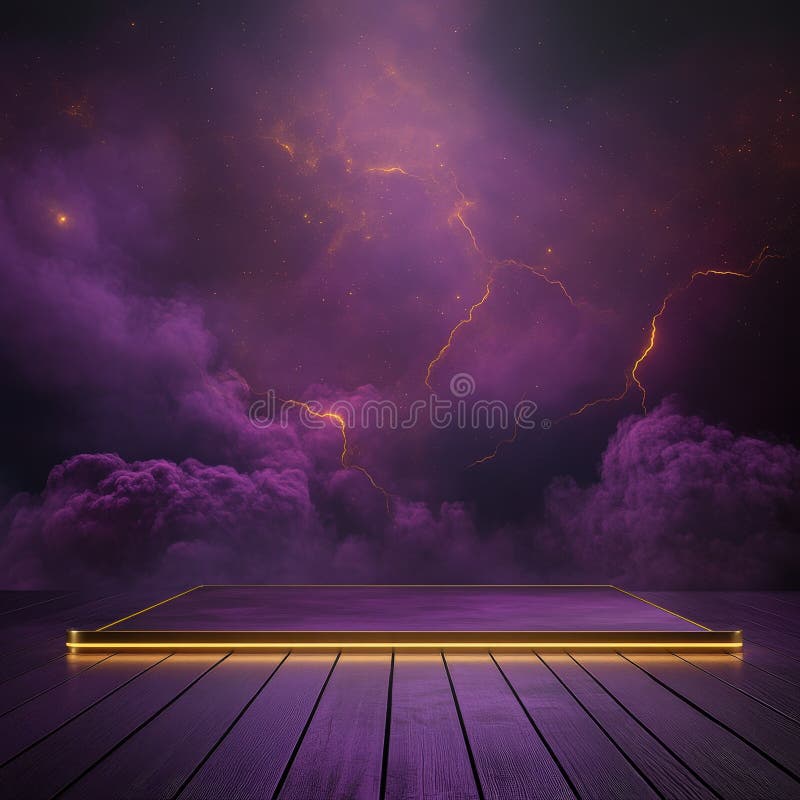 Dramatic Stage with Purple Clouds and Golden Lightning. Stock ...