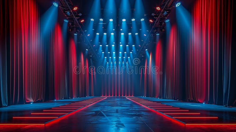 Dramatic Stage with Red Curtains and Blue Spotlight Illumination Stock ...