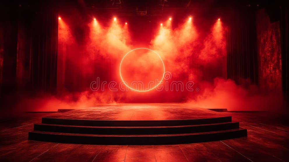 Dramatic Stage with Red Lighting and Smoke Effects, Circular Spotlight ...